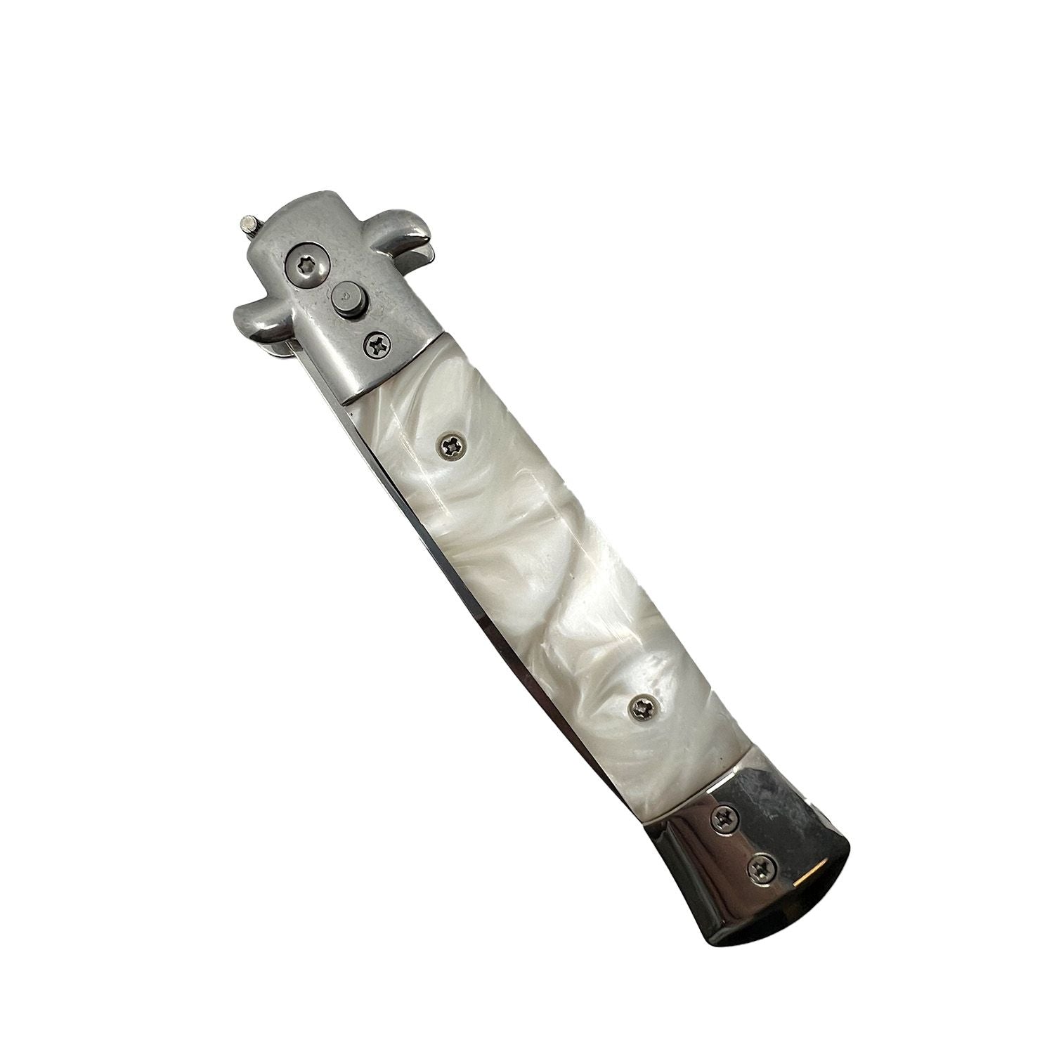 9” Automatic Out-The-Side Knife with White Handle and Safety Lock