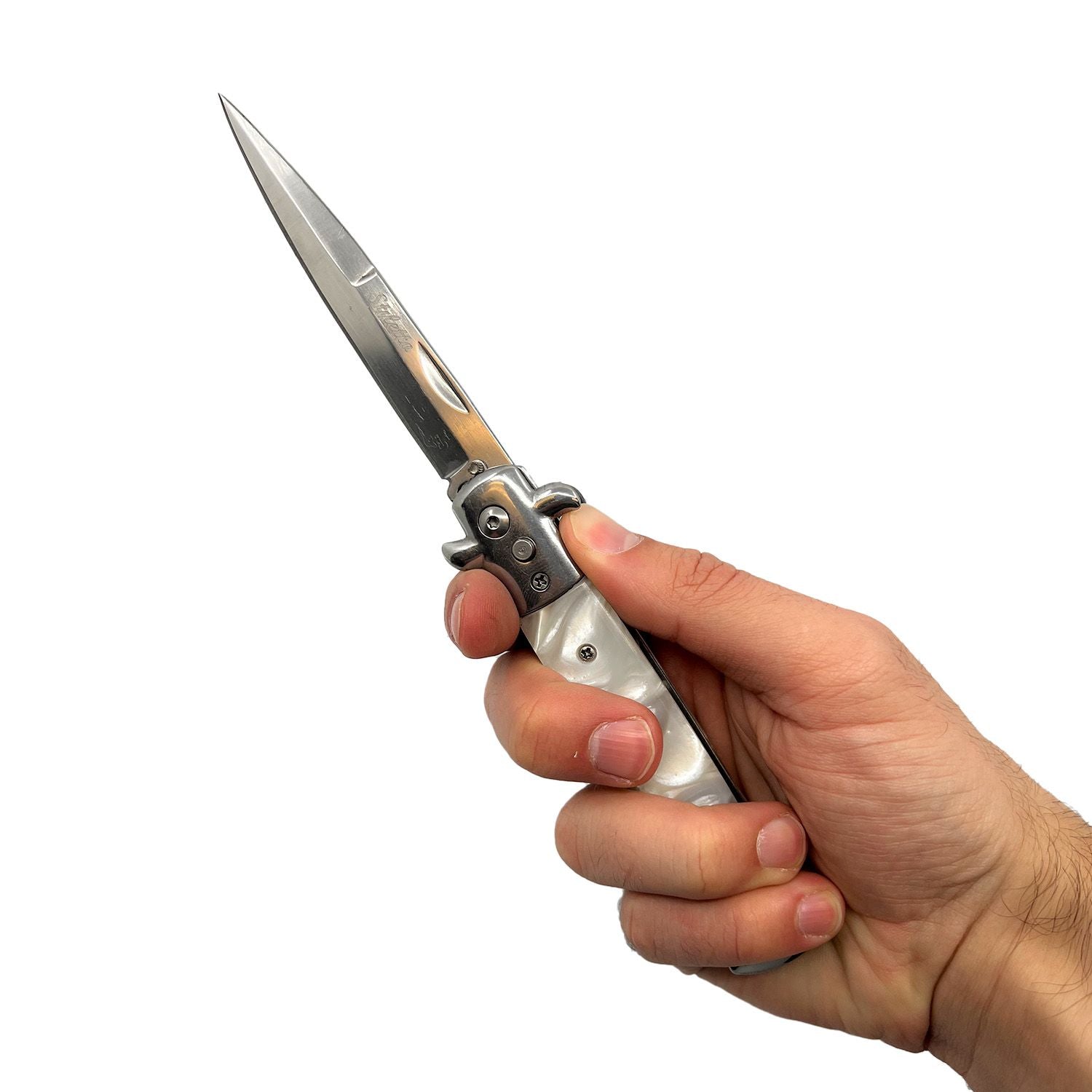 9” Automatic Out-The-Side Knife with White Handle and Safety Lock