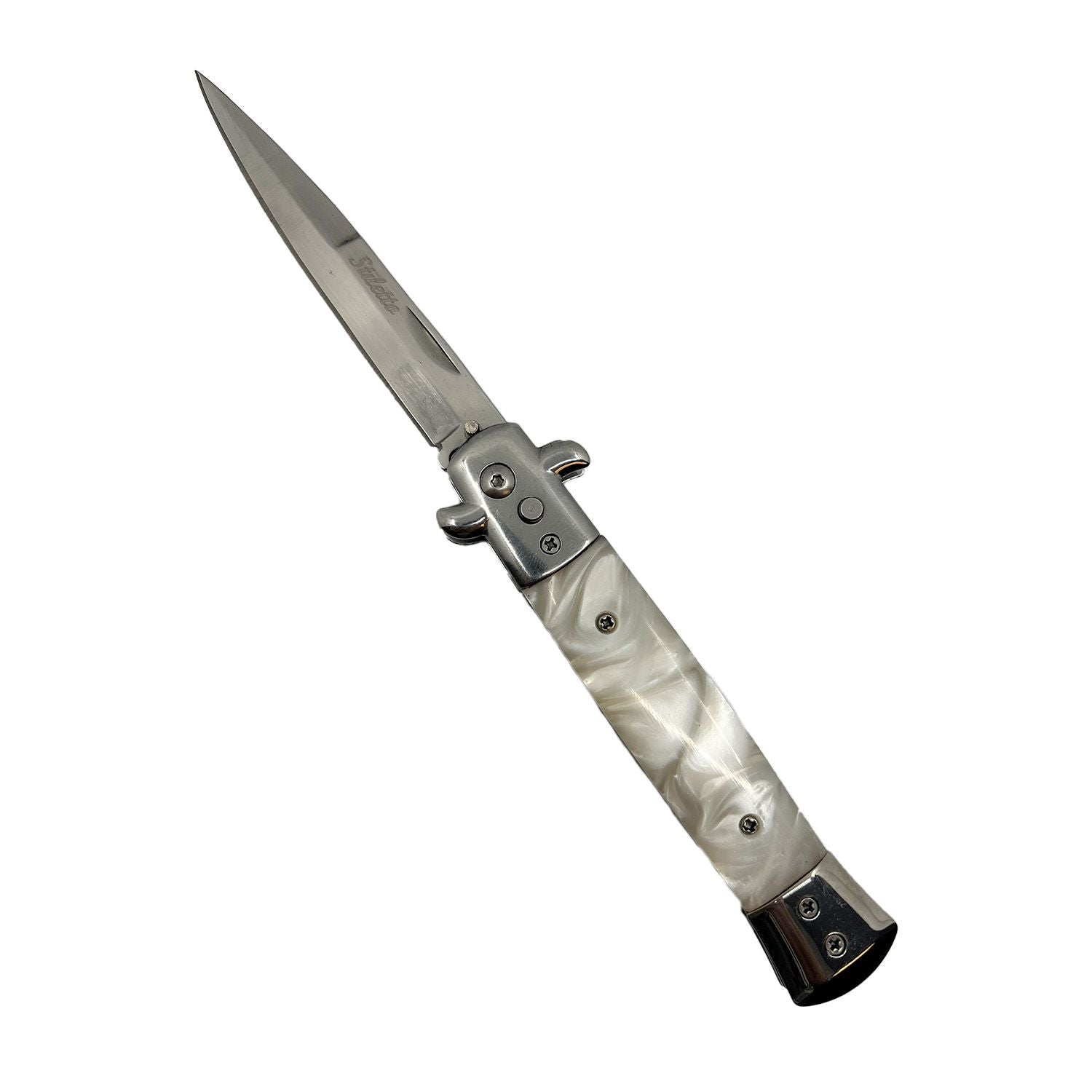9” Automatic Out-The-Side Knife with White Handle and Safety Lock