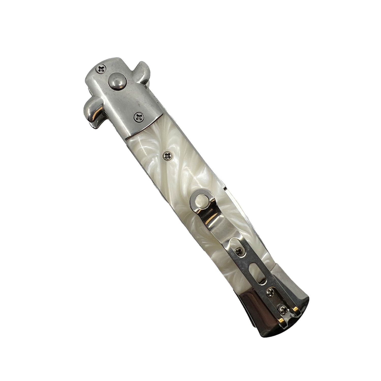 9” Automatic Out-The-Side Knife with White Handle and Safety Lock