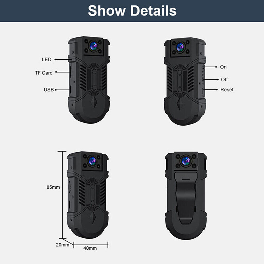 1080P HD Body Camera with Night Vision and Tilt Lens - No WiFI