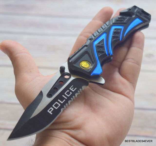 Police Medallion Rescue Foldable Knife Blue Handle Stainless Steel